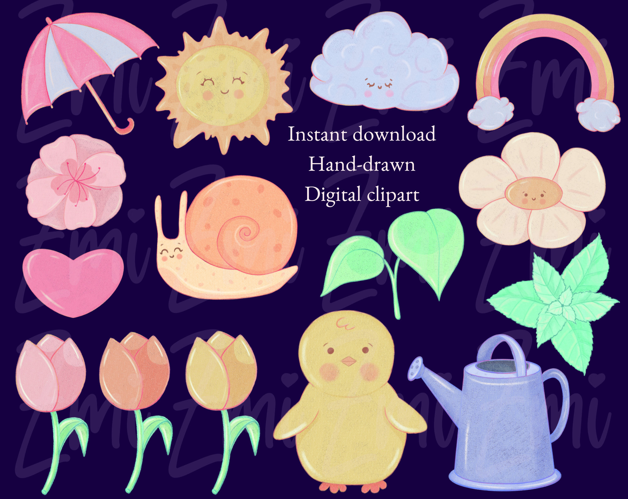 Hello Spring PNG, Garden Clipart, Cute Kawaii Characters, Sun, Rainbow ...