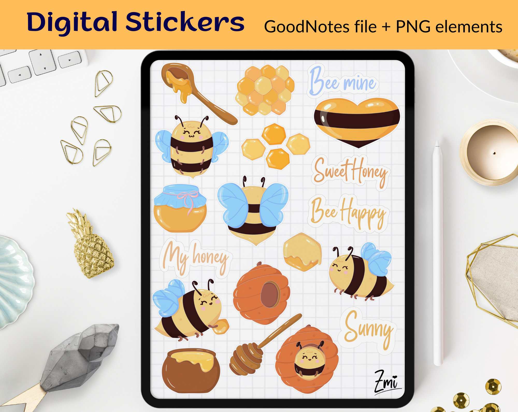 Honey Bee Digital Sticker Pack, Cute Bee Precropped Goodnotes ...