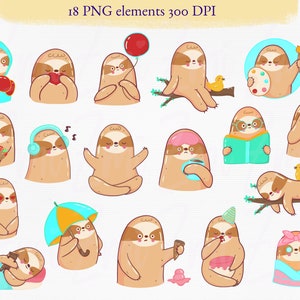 Funny Sloth Clipart Set Cute Animal Printable Kawaii Clipart for ...