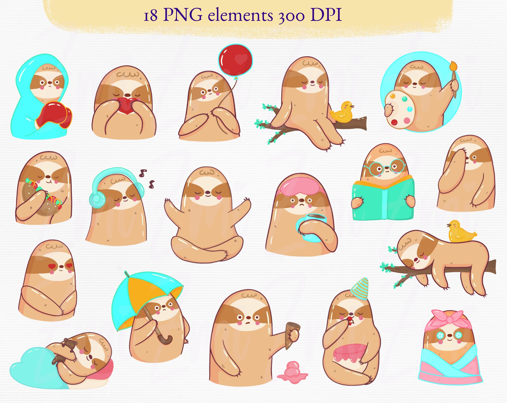 Funny Sloth Clipart Set Cute Animal Printable Kawaii Clipart for ...