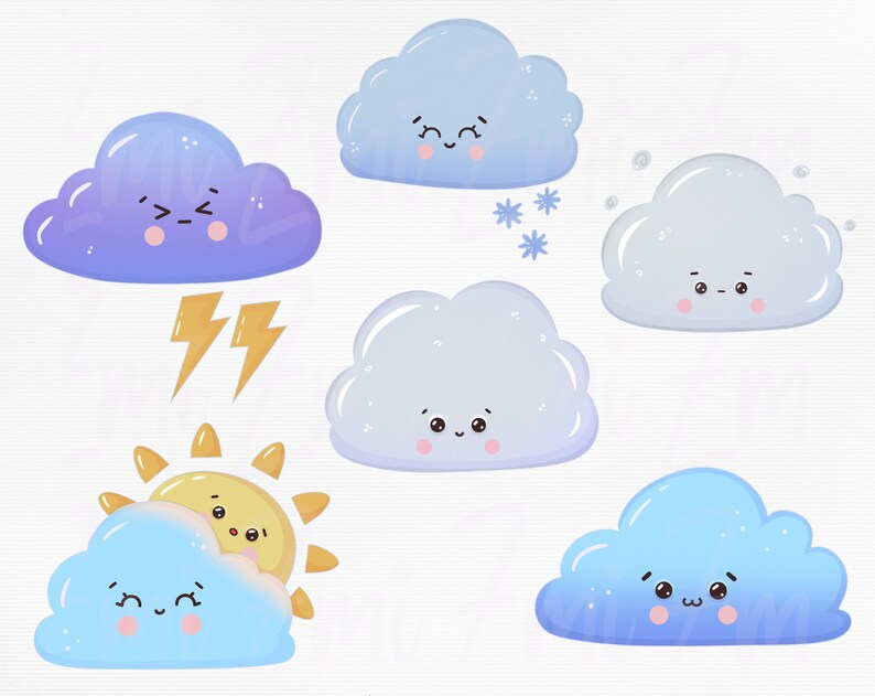 Cute Kawaii Weather Clipart, Sun Clouds Rainbow PNG, Blue Cloud Image ...