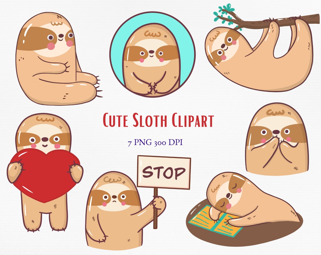 Cute Sloth Clipart Set Printable PNG Files Funny Kawaii Doodle Animal ...