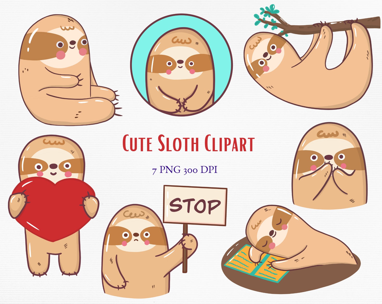 Cute Sloth Clipart Set Printable PNG Files Funny Kawaii Doodle Animal ...