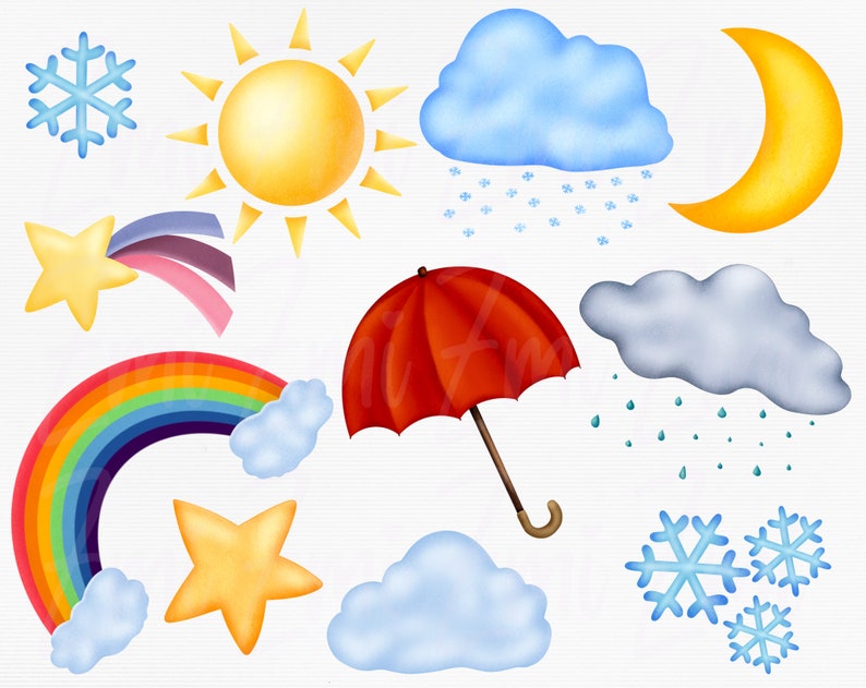 Weather Clipart, Sun Clipart, Clouds PNG, Seasons Graphics, Rainbow ...
