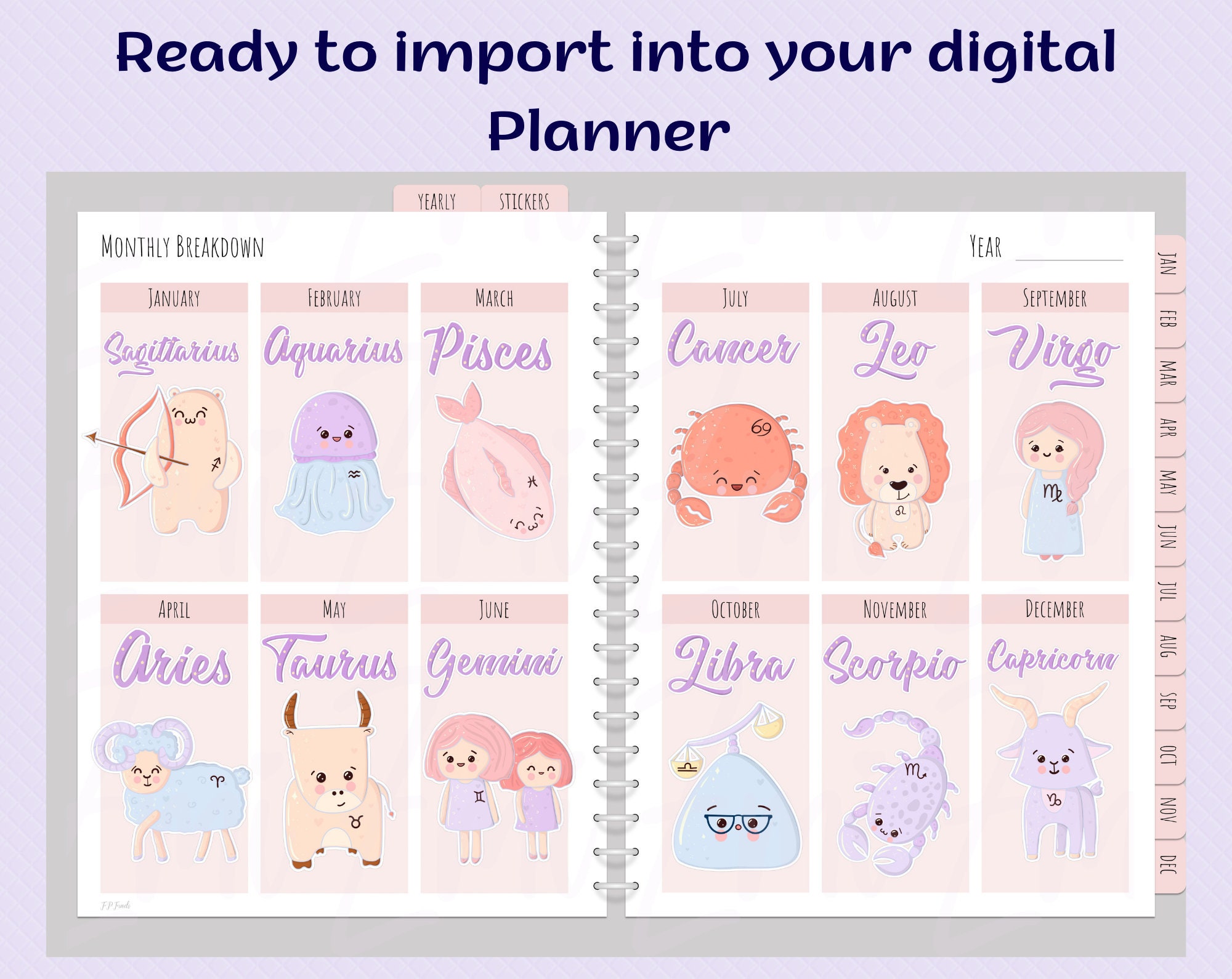 Cute Kawaii Zodiac Signs Digital Stickers, Png Pack for Goodnotes ...