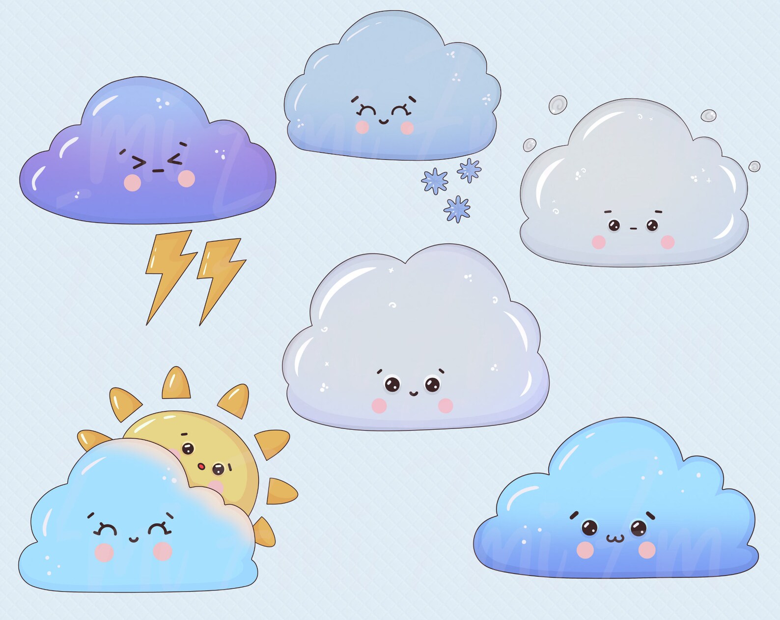 Cute Kawaii Weather Clipart, Sun Clouds Rainbow PNG, Blue Cloud Image ...