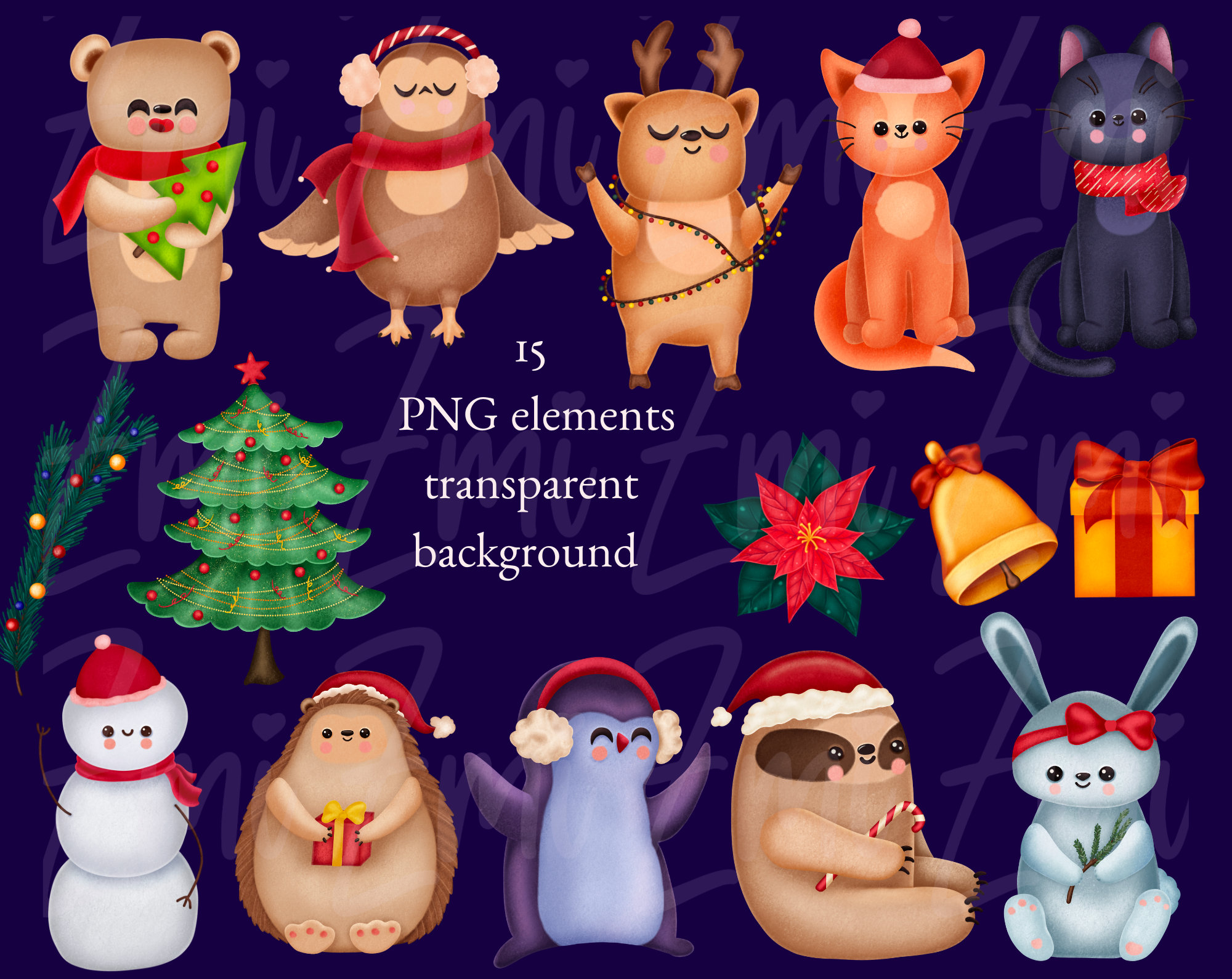 Christmas Animals Clipart, Woodland Animals PNG, Merry Christmas, Cute ...