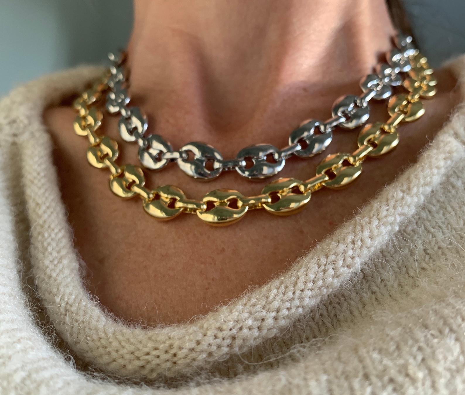 14k Gold Plated Puffy Puffed Anchor Mariner Gucci Link Chain Necklace ...