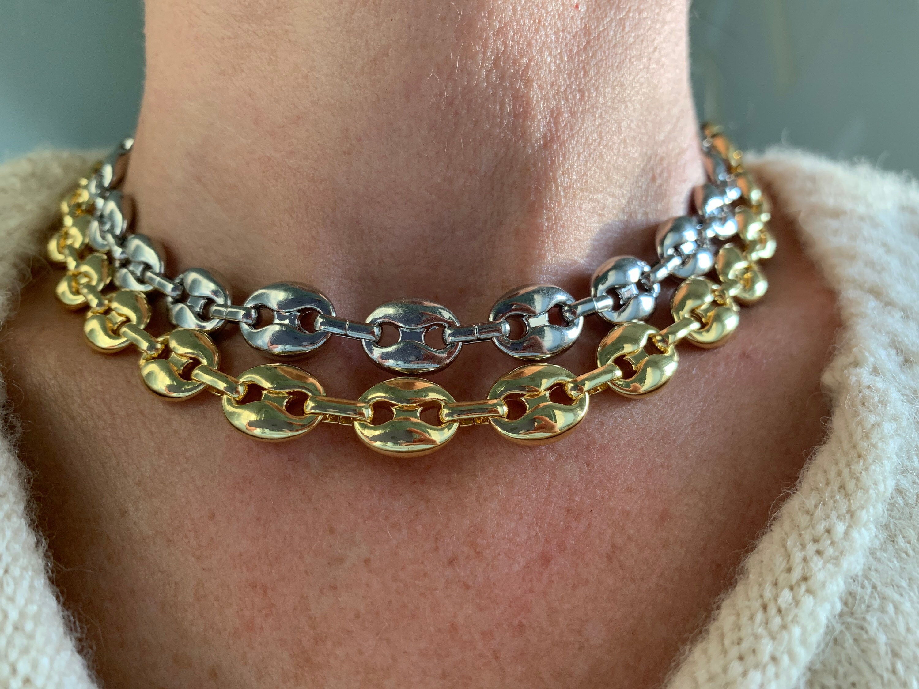 14k Gold Plated Puffy Puffed Anchor Mariner Gucci Link Chain Necklace ...