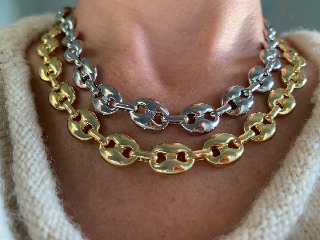 14k Gold Plated Puffy Puffed Anchor Mariner Gucci Link Chain Necklace ...