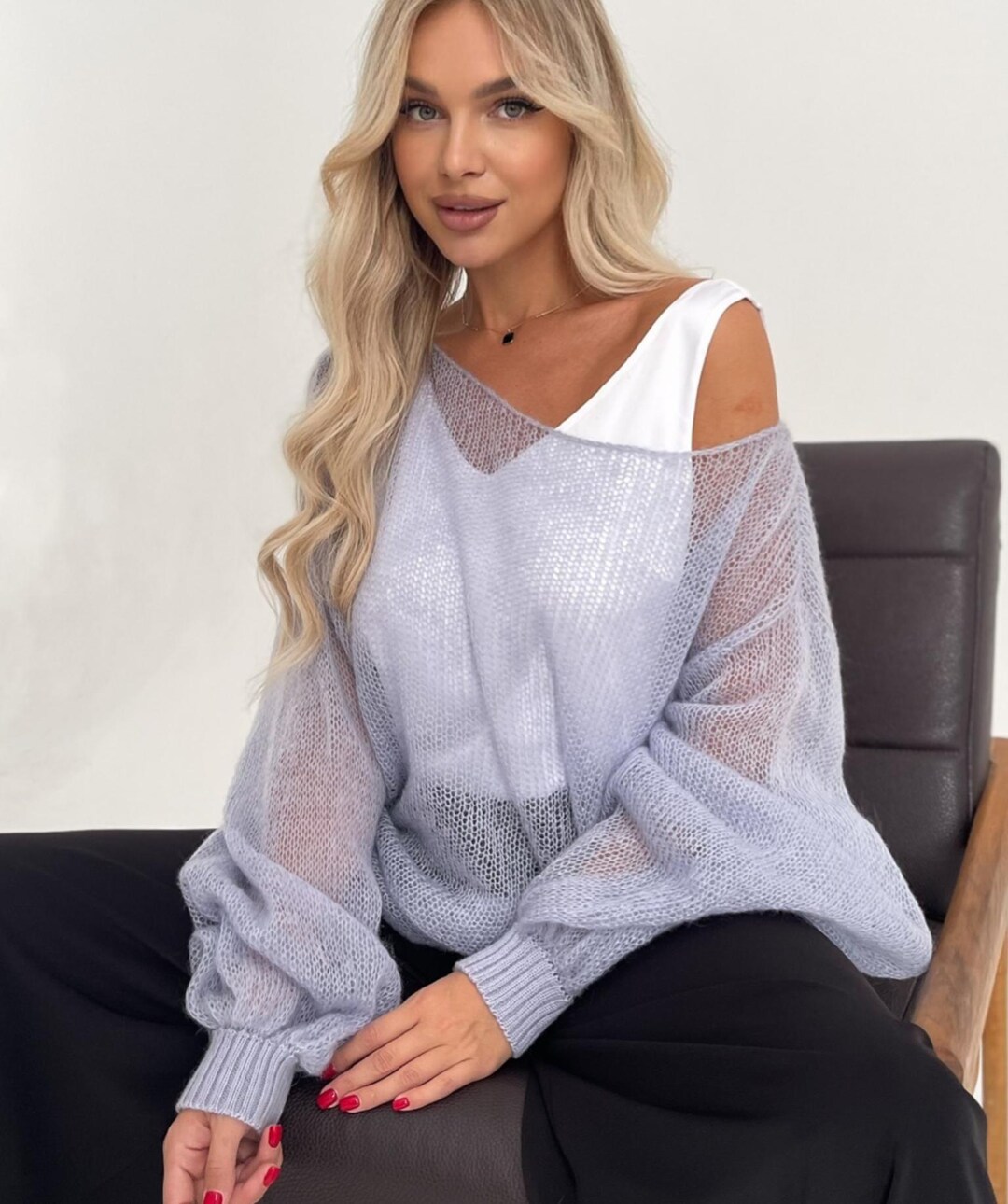 Ethereal Light Blue One-shoulder Mohair Sweater With Puffy Sleeves ...