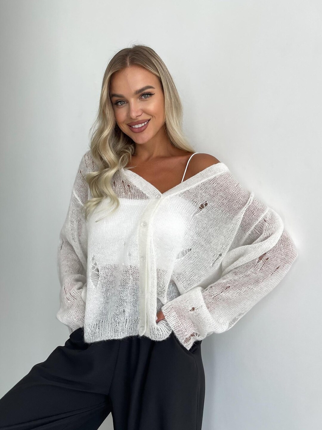 White Mohair Cardigan Ripped Knit Sweater DDP Shipping USA – Final ...