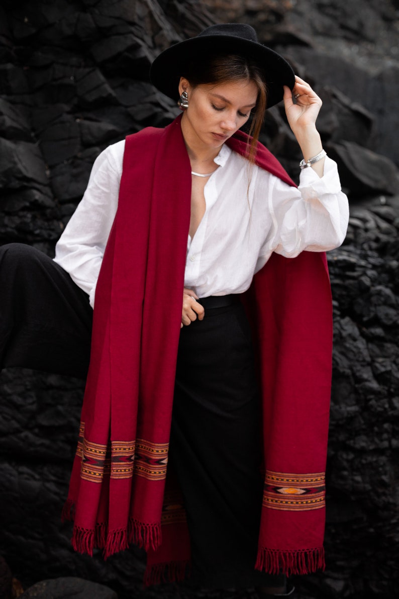 Handwoven Red Merino Wool Shawl From the Himalayas Kullu Valley Design ...