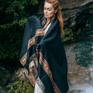 Handwoven Black Merino Wool Shawl, Himalayan Tribal Design - Etsy