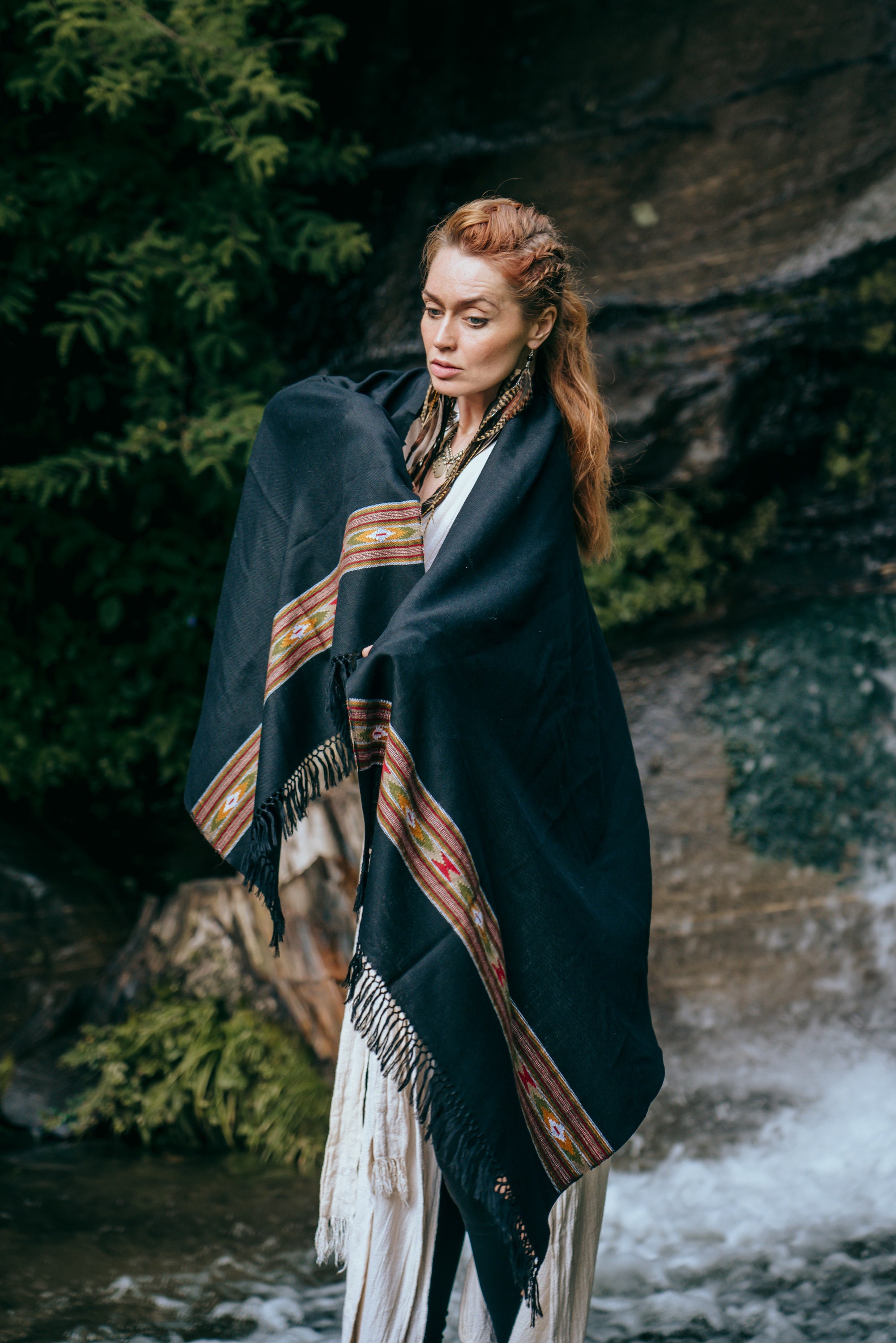 Black Shawl, Handwoven Shawl, Merino Wool Shawl 75x200cm, Hippy Shawl ...