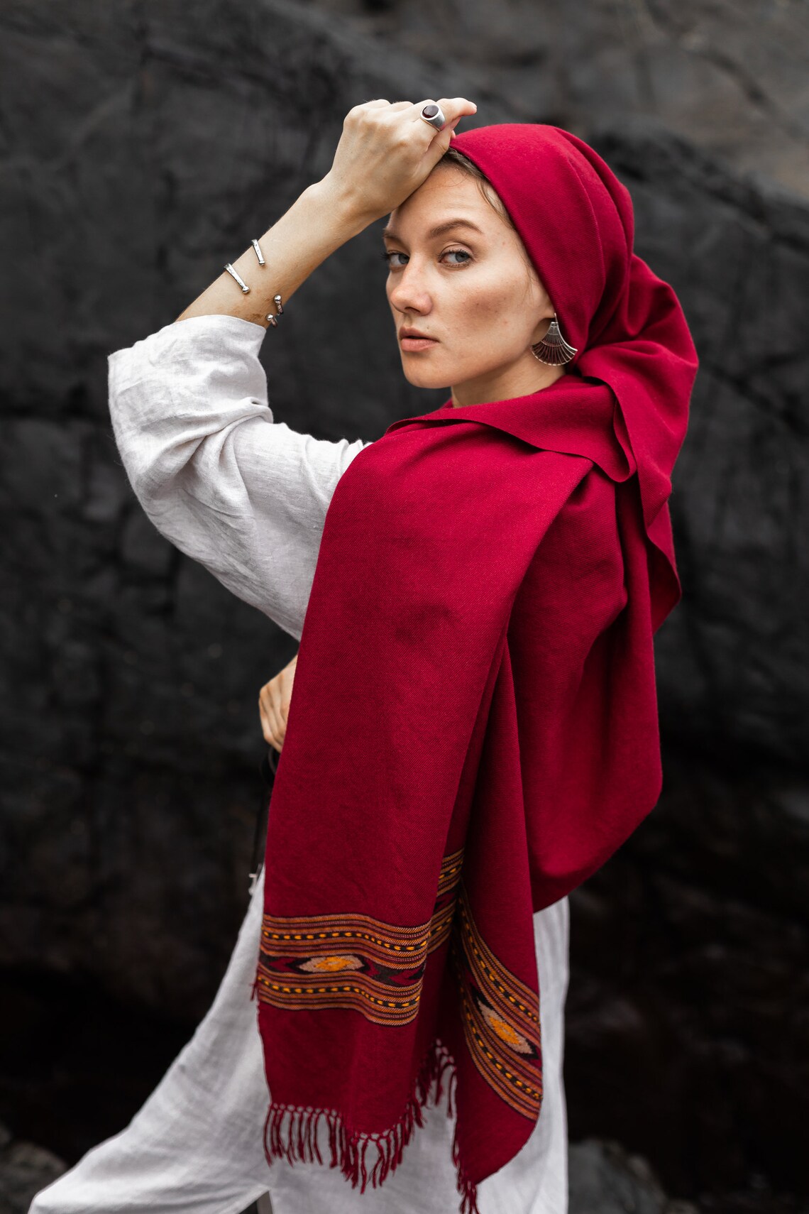 Handwoven Red Merino Wool Shawl From the Himalayas Kullu Valley Design ...