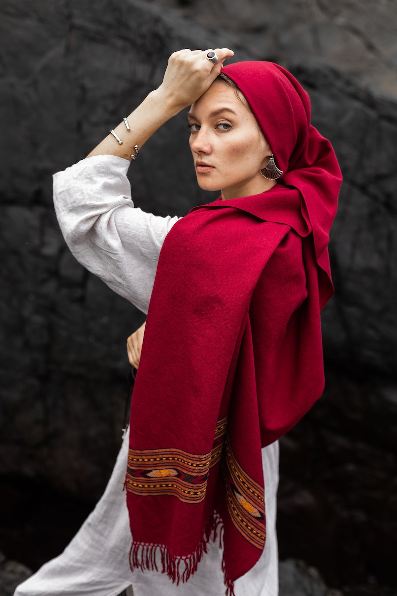 Handwoven Red Merino Wool Shawl From the Himalayas Kullu Valley Design ...
