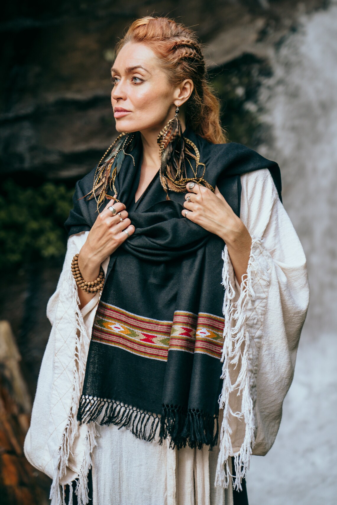 Black Shawl, Handwoven Shawl, Merino Wool Shawl 75x200cm, Hippy Shawl ...