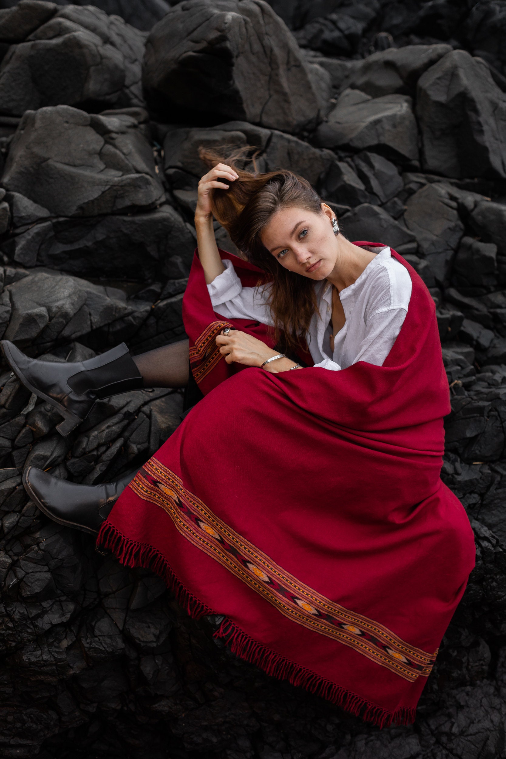 Handwoven Red Merino Wool Shawl From the Himalayas Kullu Valley Design ...