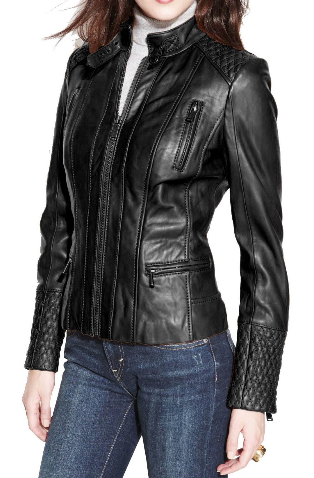 Women's Stylish Motorcycle Biker Genuine Lambskin Leather Jacket for ...