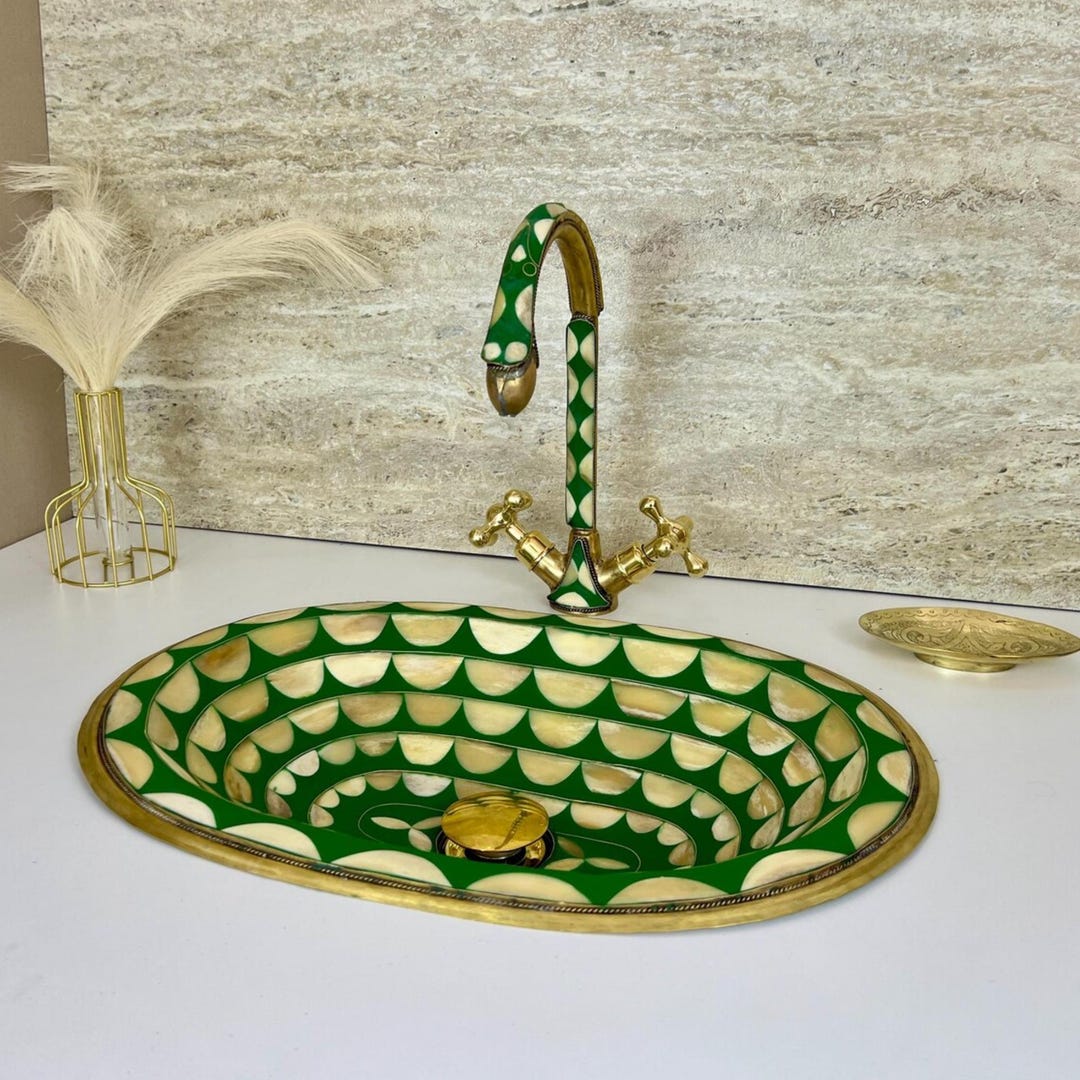 Green Copper and Wood Vanity Vessel Sink, Moroccan Oval Vessel Sink ...