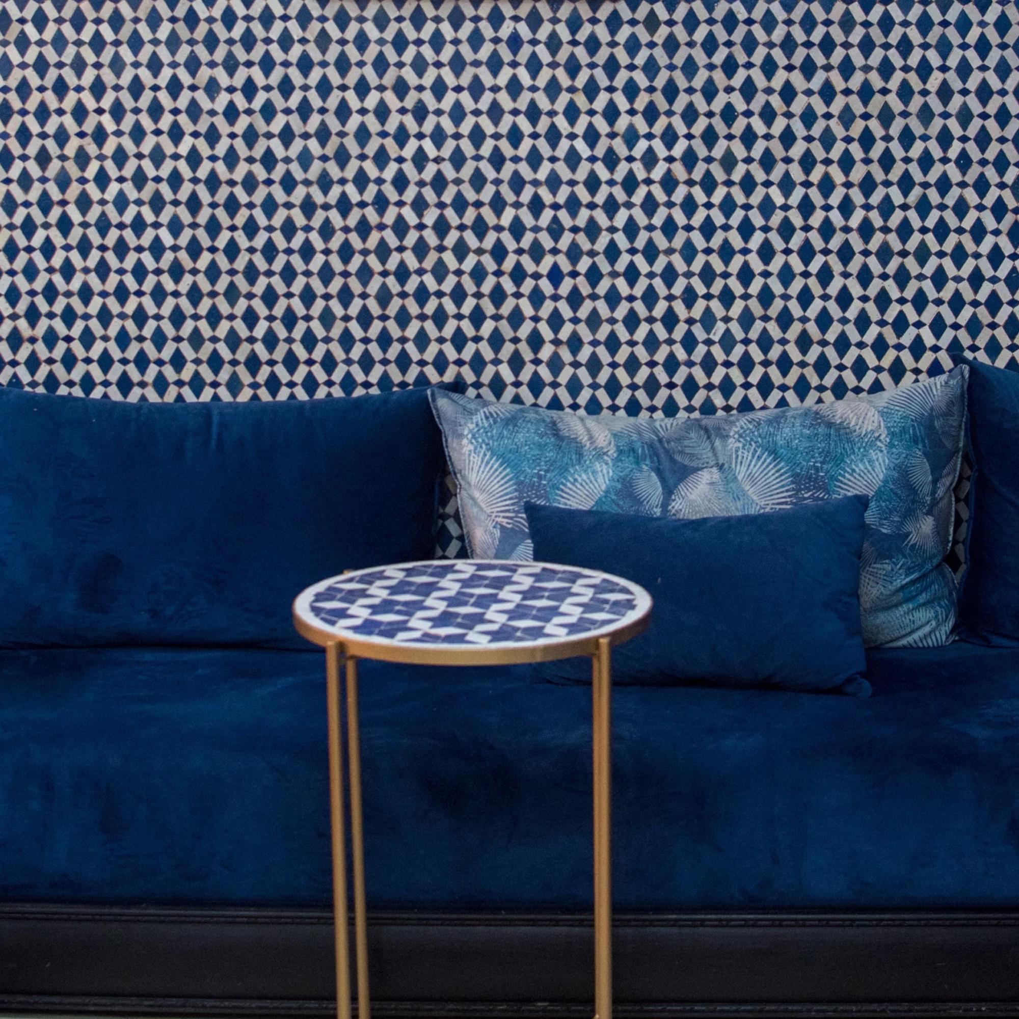 Blue Zellige Mosaic Side Table, Handmade Moroccan Tile Accent Table ...