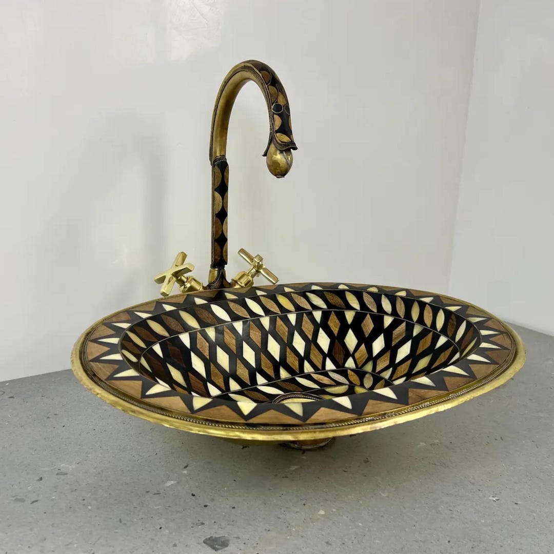 Copper and Wood Vanity Vessel Sink, Unlacquered Brass Bathroom Faucet ...
