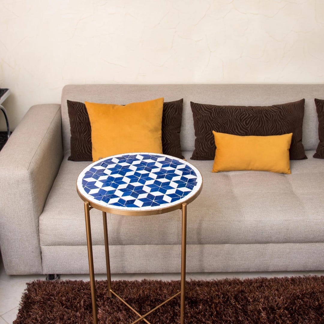 Blue Zellige Mosaic Side Table, Handmade Moroccan Tile Accent Table ...