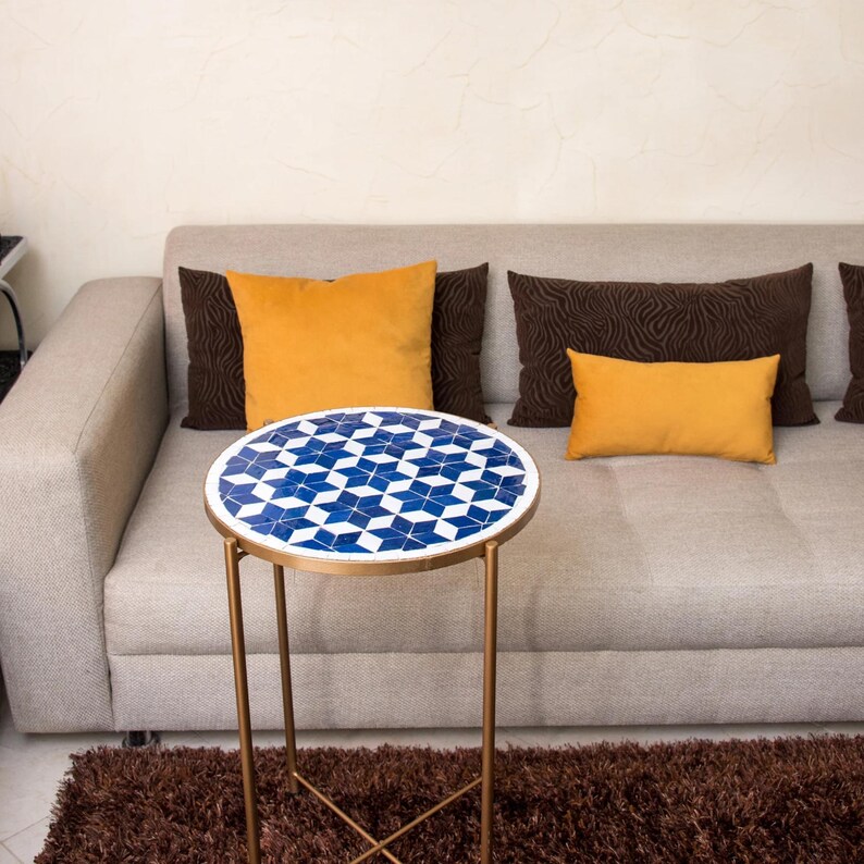 Blue Zellige Mosaic Side Table, Handmade Moroccan Tile Accent Table, Indoor Outdoor Round Table ...