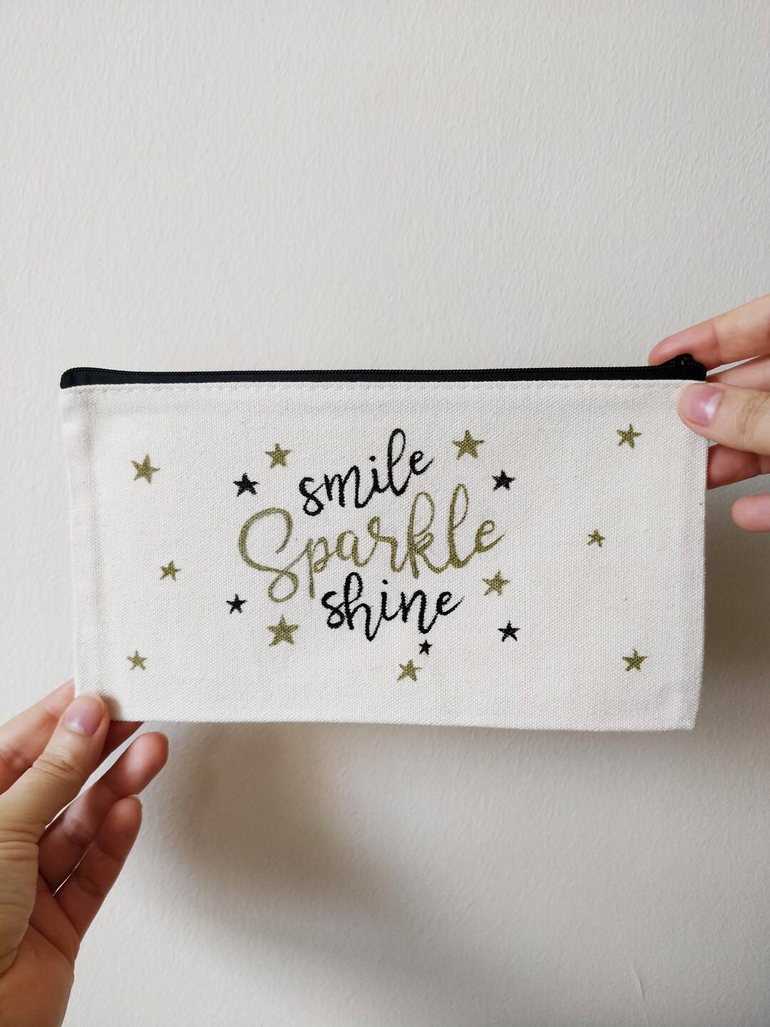 Handwritten 'smile Sparkle Shine' Canvas Pouch, Versatile Zipper Bag ...