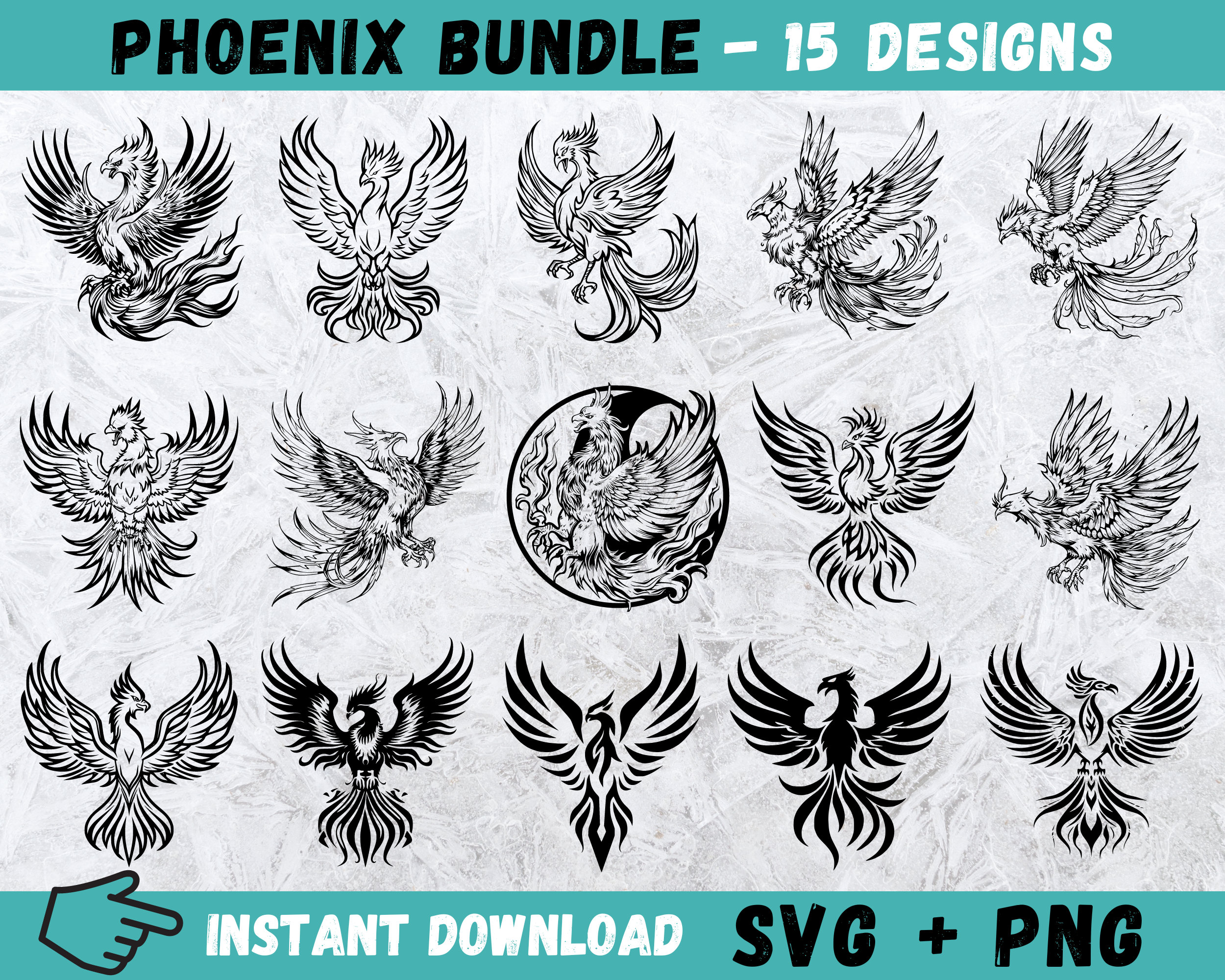 Hand Drawn Phoenix SVG Clipart Bundle: Fire Bird Vector (digital ...