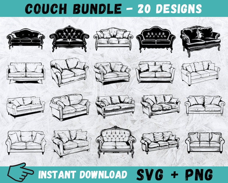 Couch & Sofa Clipart: Hand-drawn Furniture SVG, PNG (instant Download ...