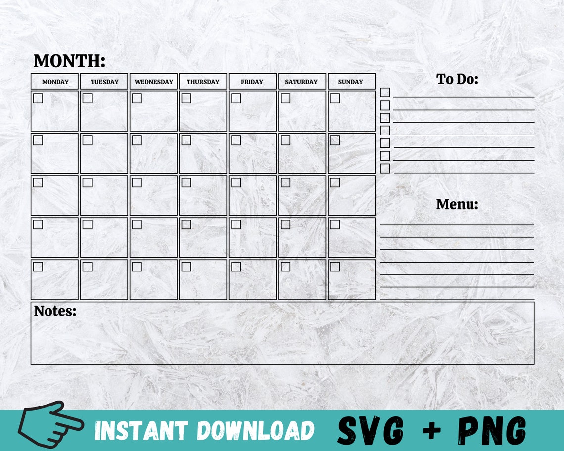 Calendar With Notes SVG Monthly Calendar SVG Blank Calendar - Etsy