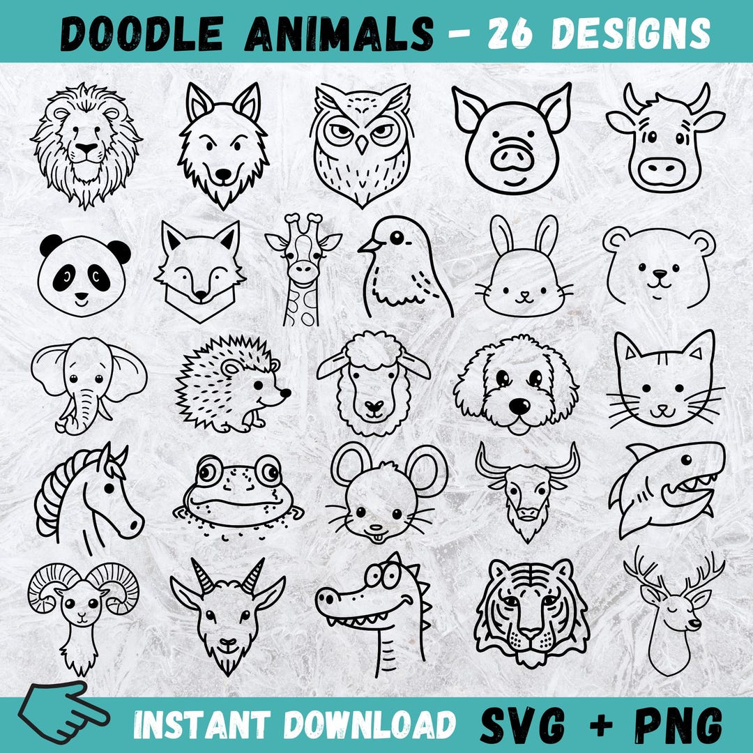 Doodle Animal SVG, Cute Animal Svg, Animal Head Clipart, Animals Svg ...