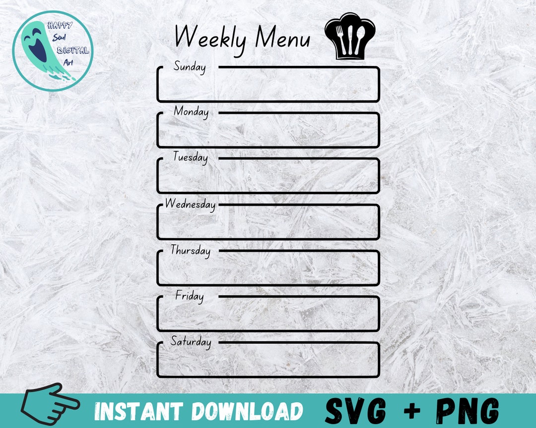 Menú semanal imprimible, Menú semanal SVG, Menú svg, Planificador de ...