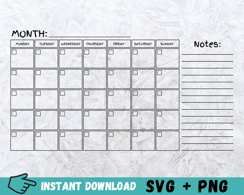 Calendar With Notes SVG Monthly Calendar SVG Home Decor Svg - Etsy
