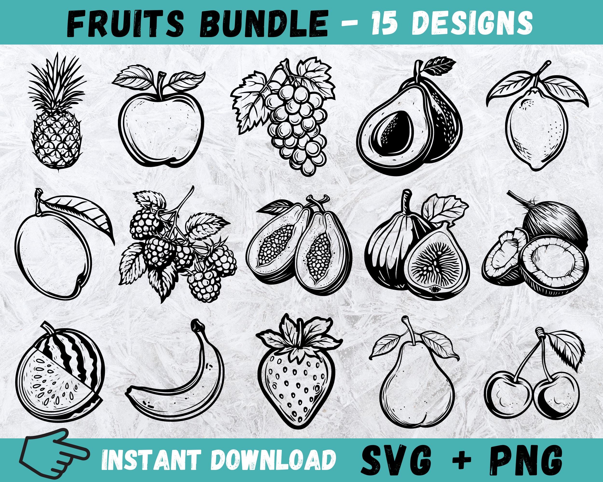 Fruits SVG Clipart Bundle: Hand-drawn Food Graphics (instant Download ...