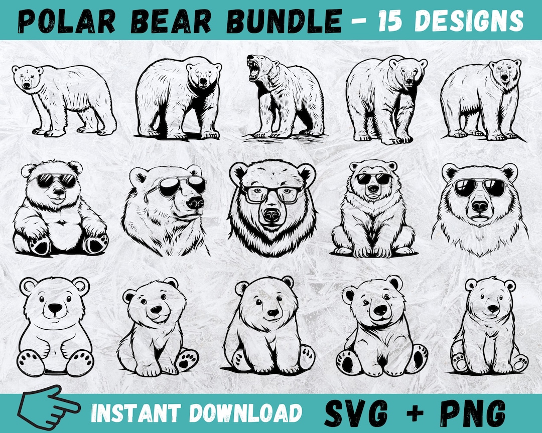 Polar Bear SVG Clipart: Hand Drawn Bear Cut Files (15 Designs) (instant ...