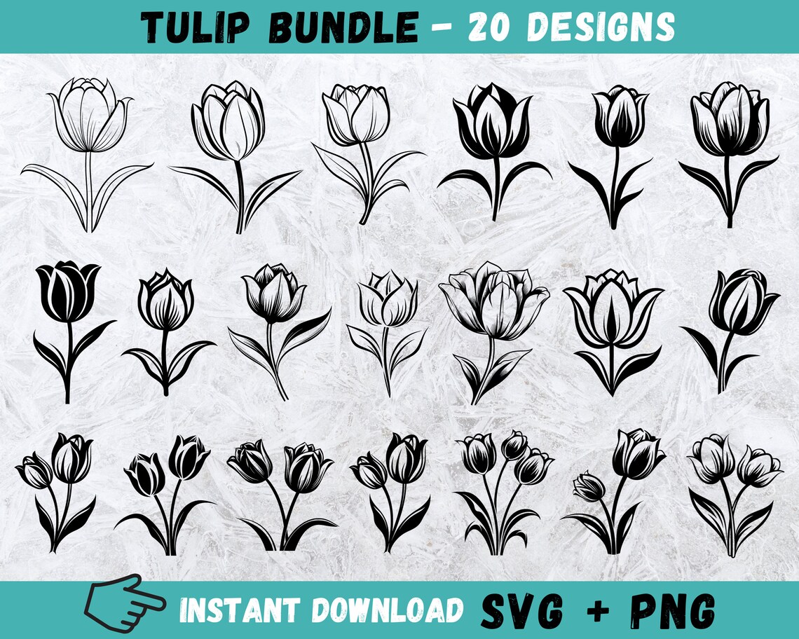 Tulip Flower SVG Bundle: Hand Drawn Clipart (20 Designs) (instant ...