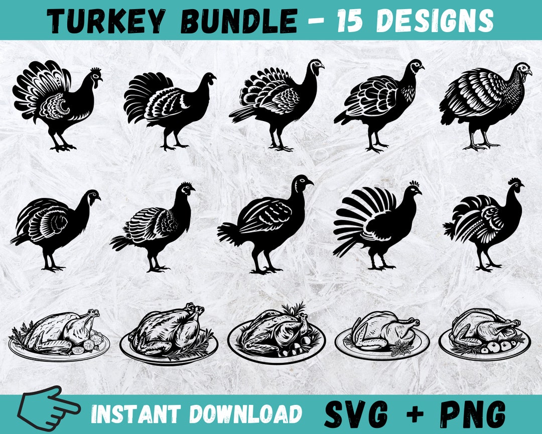 Hand Drawn Turkey SVG Clipart Bundle: 15 Thanksgiving Designs (digital ...