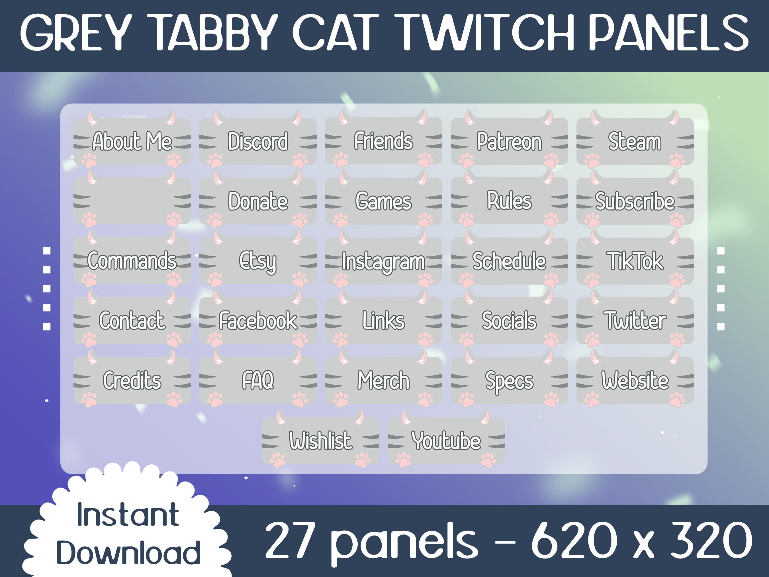 Lindo Twitch Grey Tabby Cat Panels x27 / Kawaii, Neko, Aesthetic, Cat Ears, Cat Paws / Stream ...