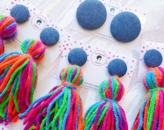 Denim Studs, Multicolored Tassel Earrings, Denim Earrings, Drop and ...