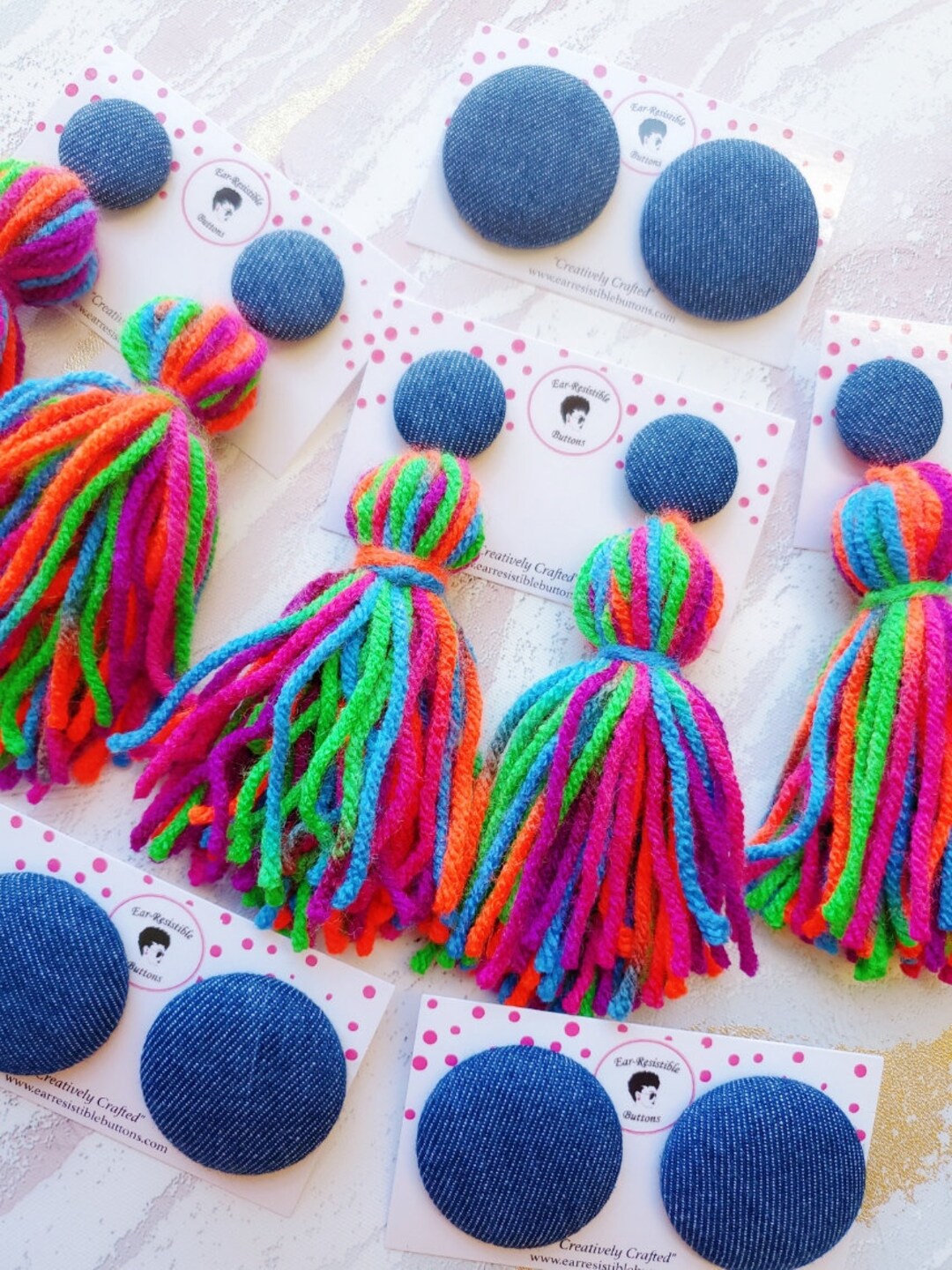 Denim Studs Multicolored Tassel Earrings Denim Earrings - Etsy