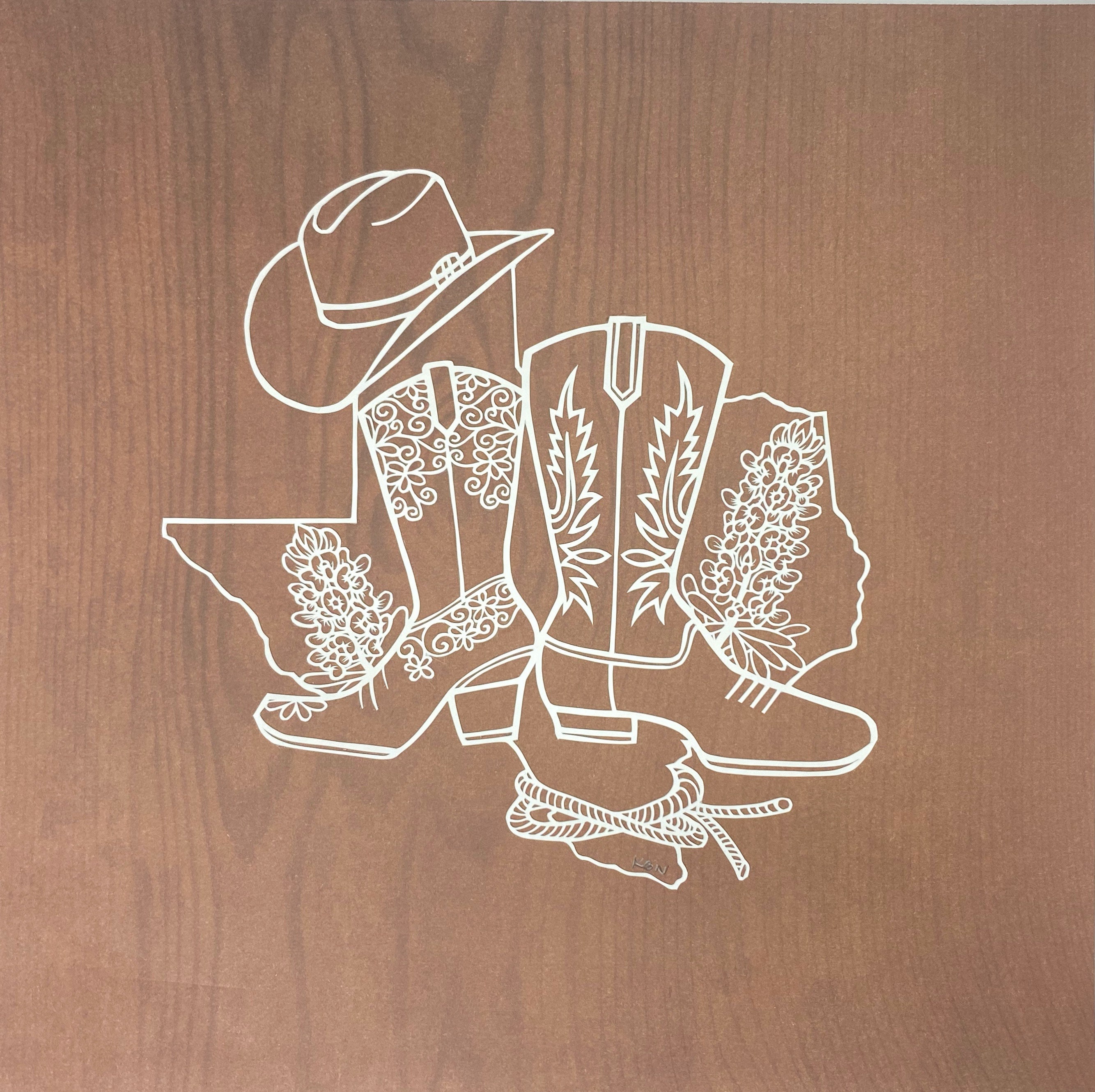 Texas State Papercut Art with Cowboy Boots, Cowboy Hat, and Bluebonnets ...