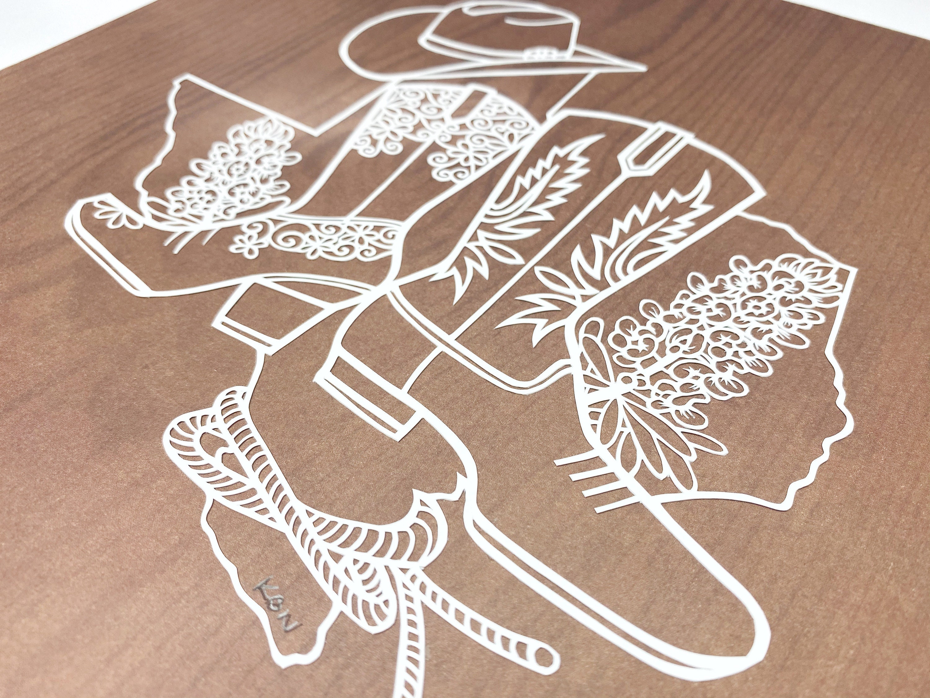 Texas State Papercut Art with Cowboy Boots, Cowboy Hat, and Bluebonnets ...