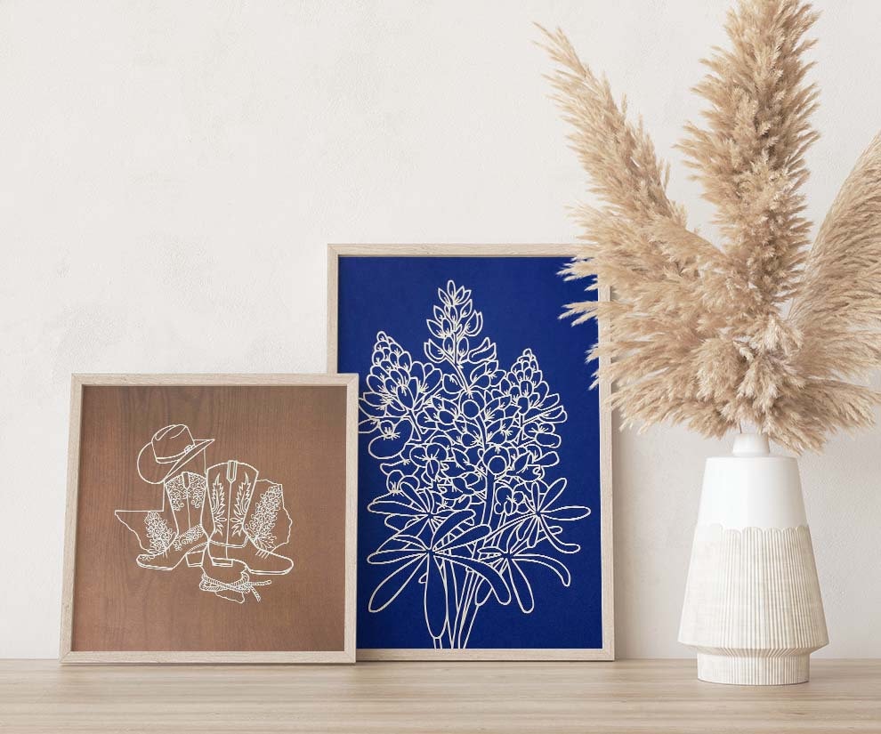 Texas State Papercut Art with Cowboy Boots, Cowboy Hat, and Bluebonnets ...