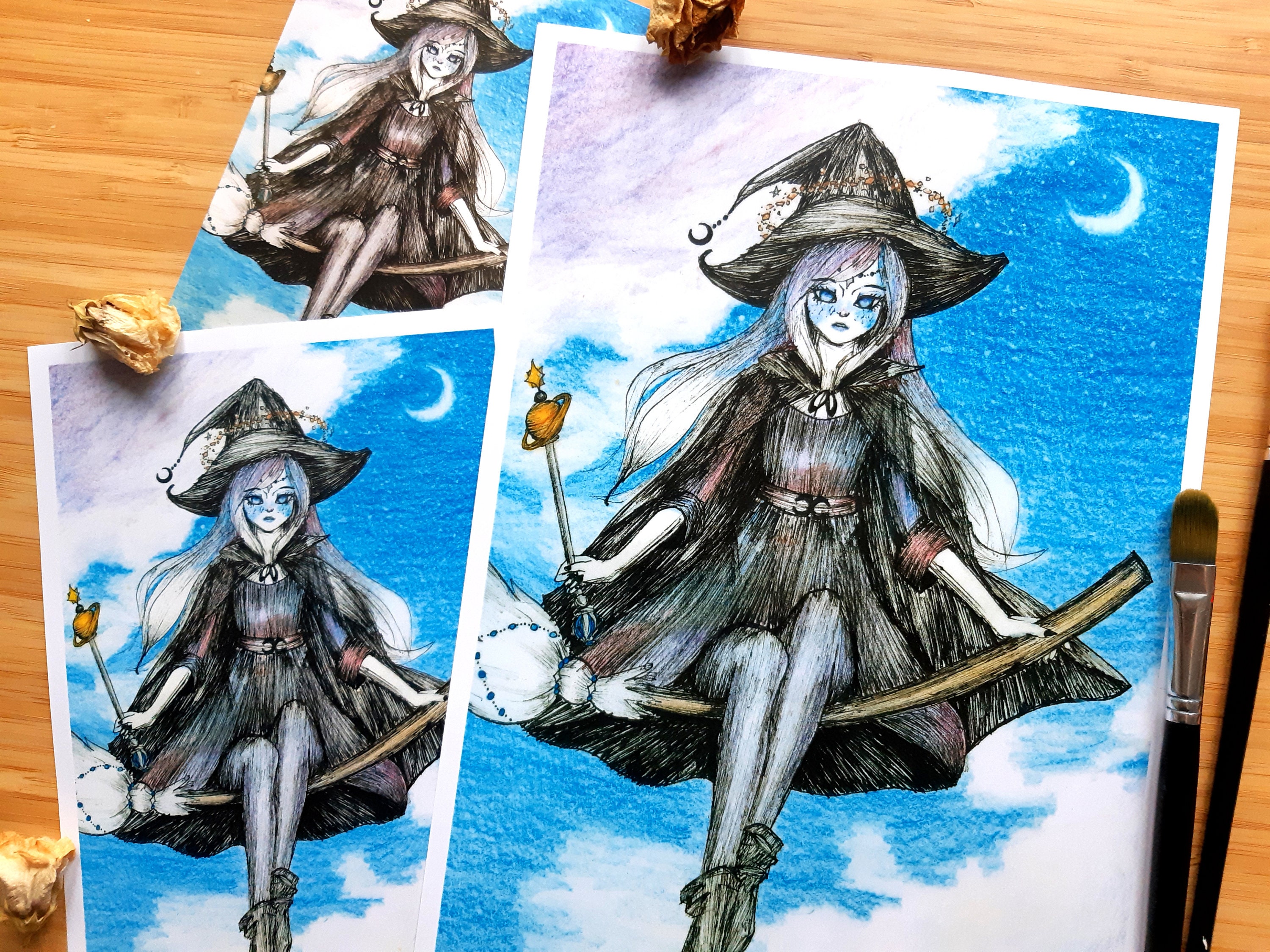 Starry Ink Witch Drawing A4-A6 Prints and Postcards - by Nikita - Etsy