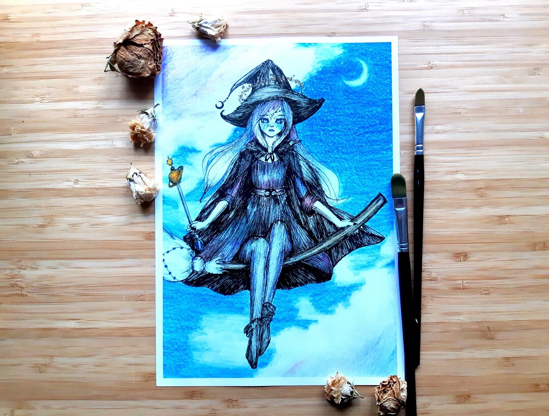 Starry Ink Witch Drawing A4-A6 Prints and Postcards - by Nikita - Etsy