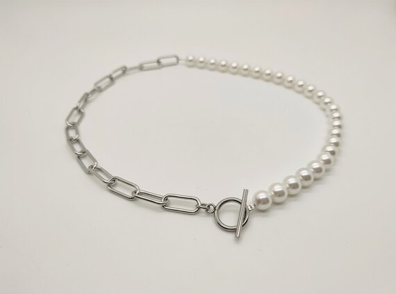 Half Pearl Half Paperclip Chain Necklace Beaded Choker - Etsy