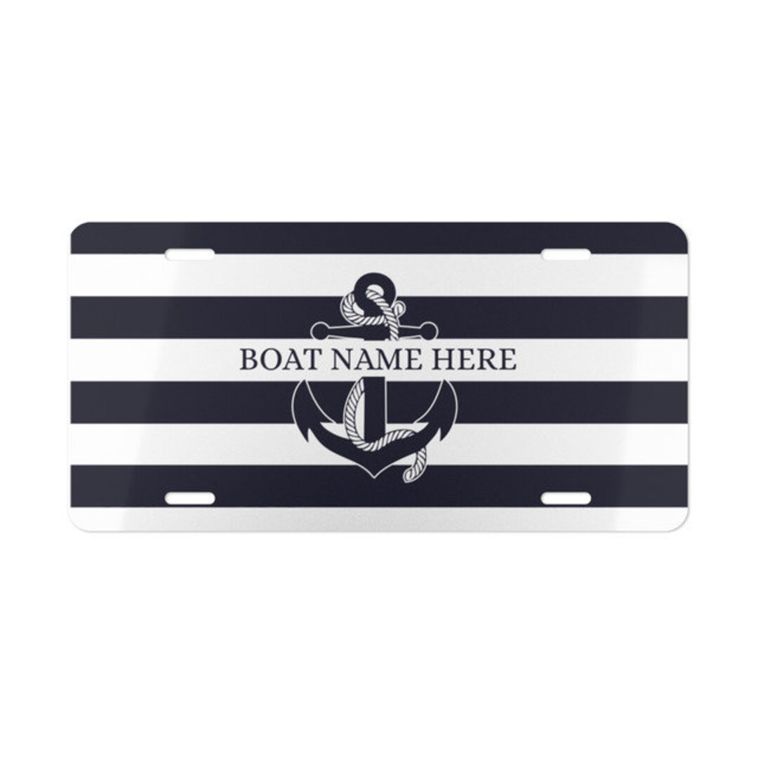 Personalized Boat Name License Plate Cover: Navy Stripe Anchor Design ...
